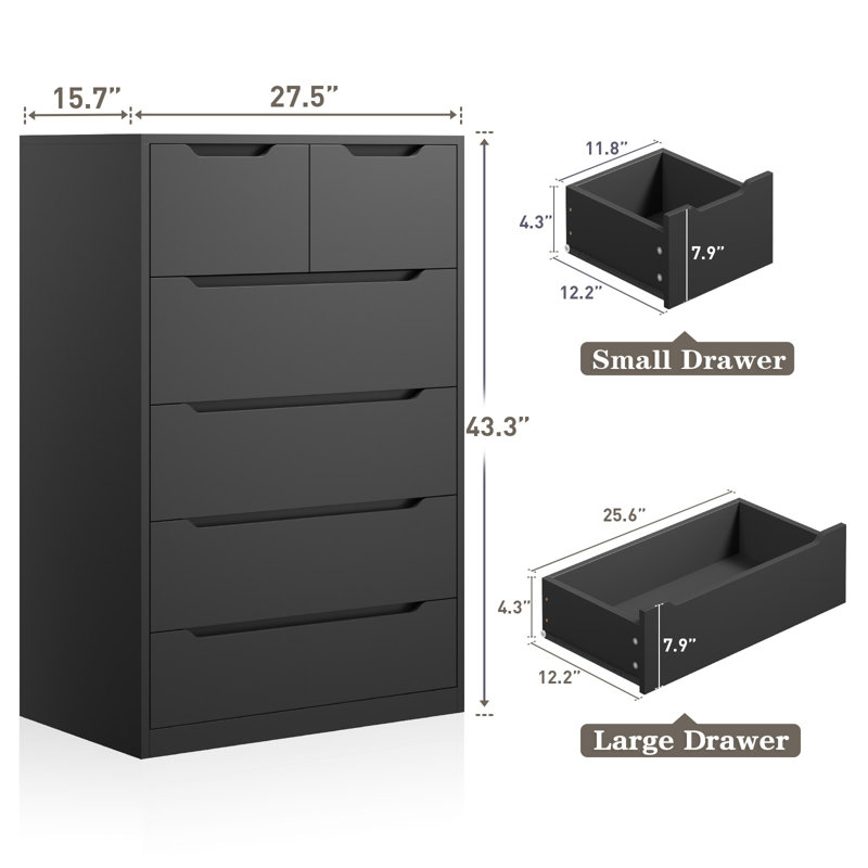 Ebern Designs Brichelle 6 - Drawer Dresser, Wood Dressers & Chests of Drawers with Smooth Metal ...